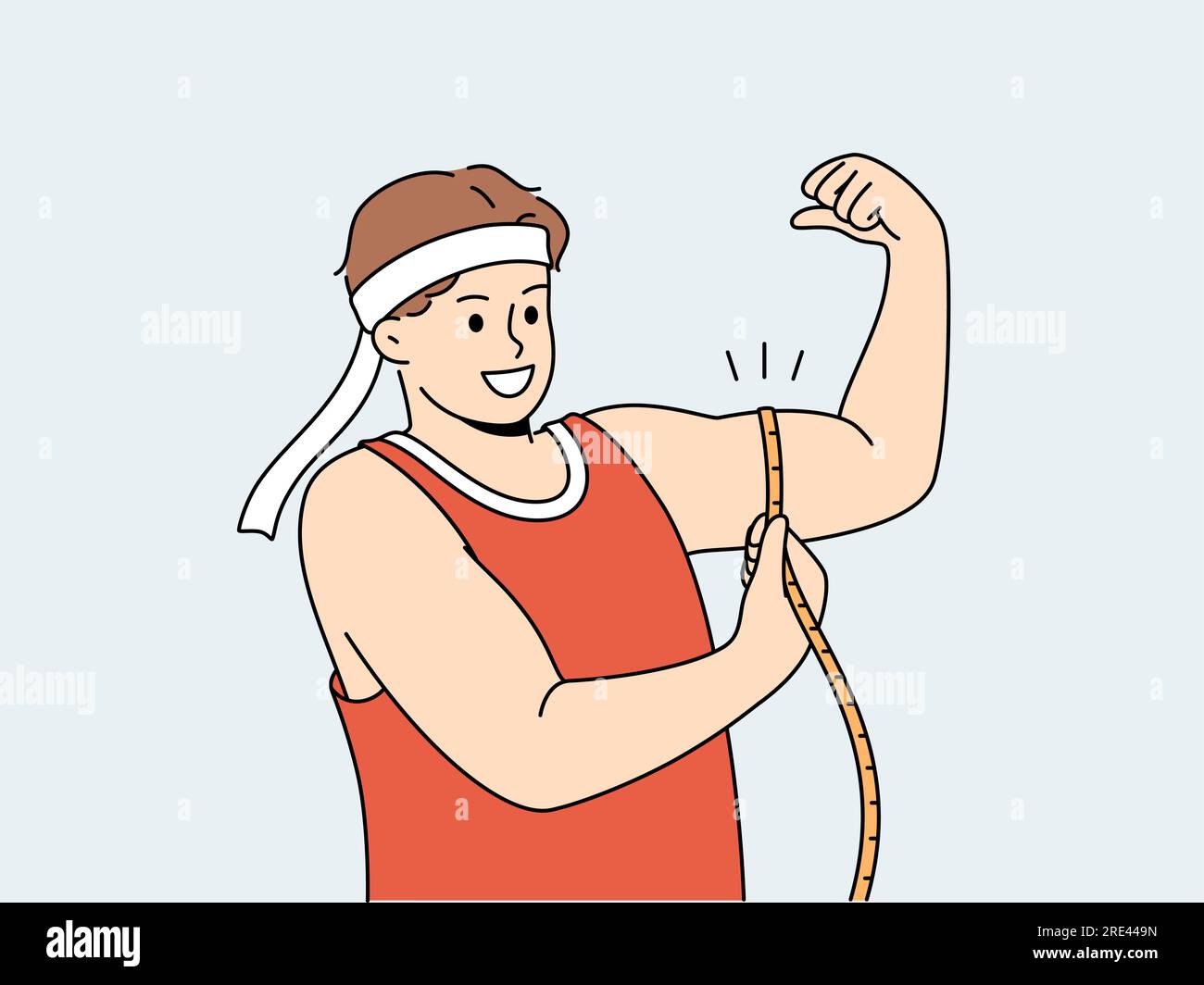 Strong man shows biceps and uses measuring tape to check size of ...