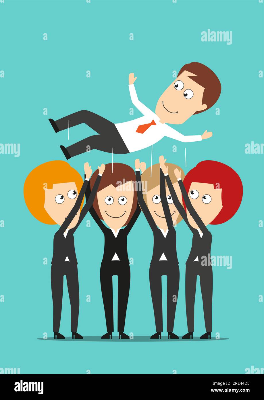 Group of happy smiling businesswomen are carrying a male leader on ...
