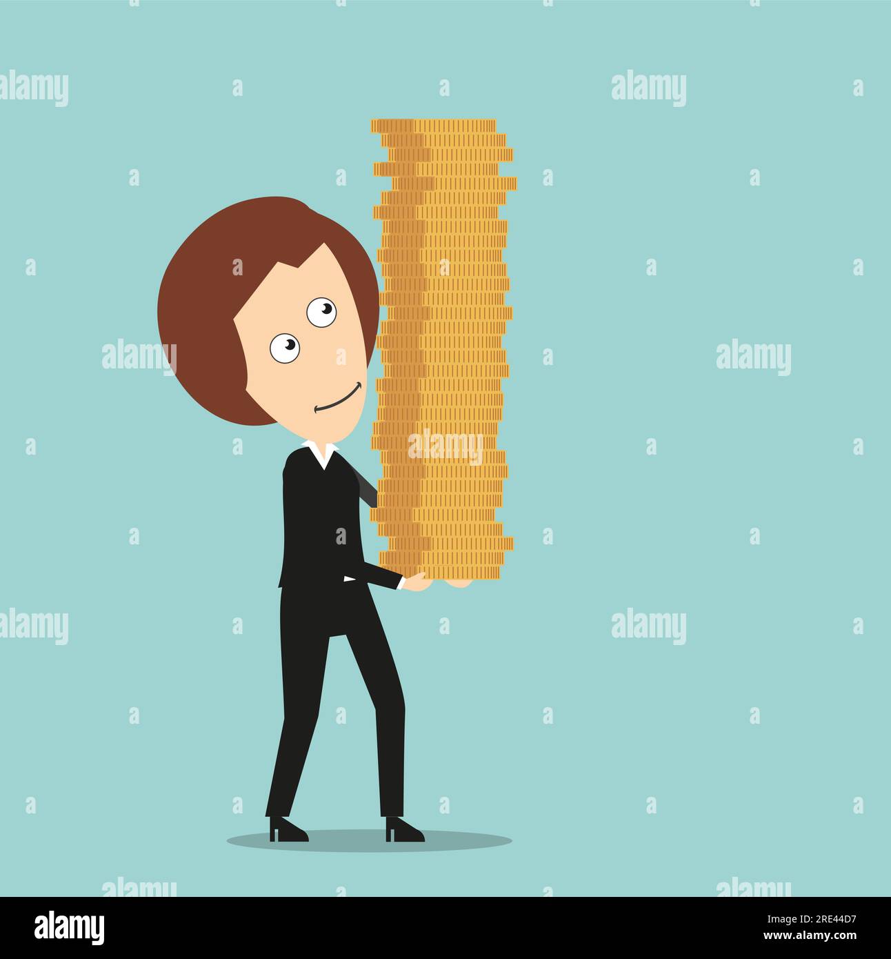 Happy smiling business woman with high stack of gold coins in hands ...