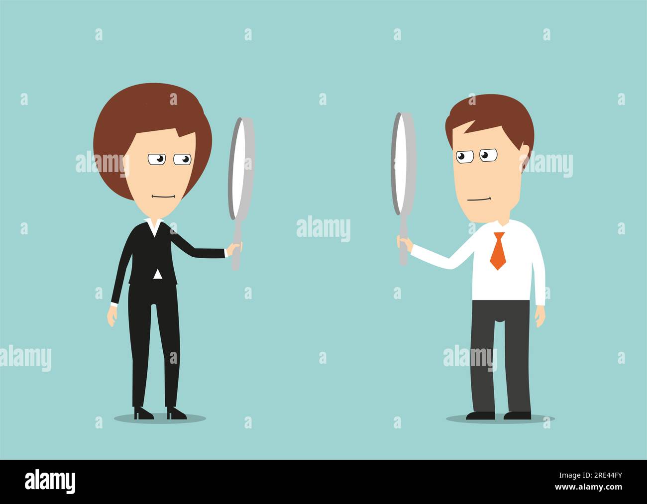 Sceptical businessman and business woman observing each other through ...