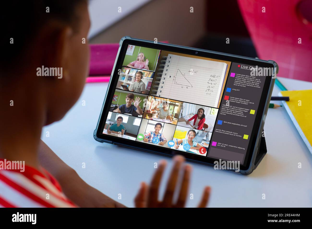 African american boy attending online class over digital tablet with ...
