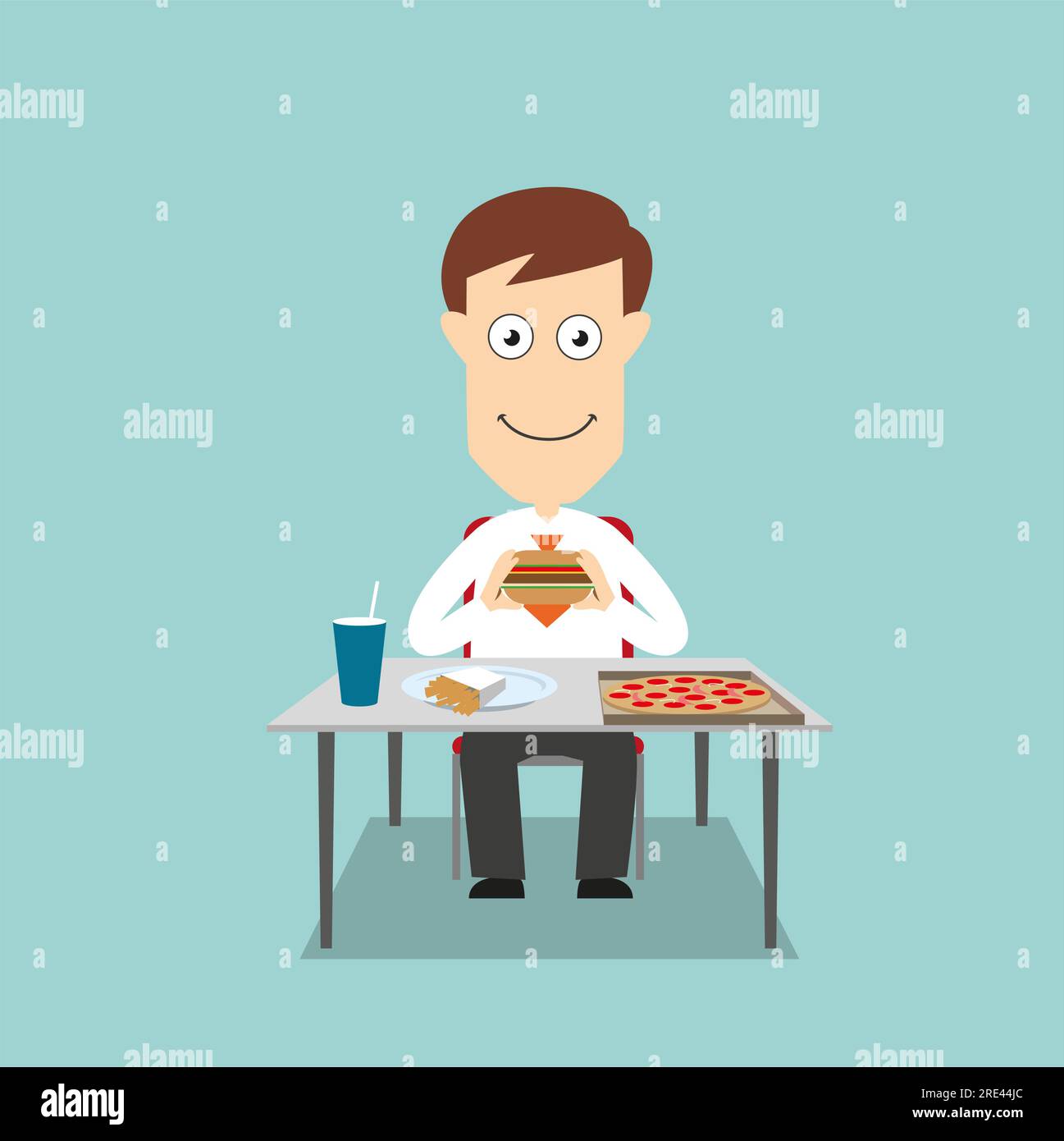 Businessman sitting at table and eating fast food lunch with pizza ...