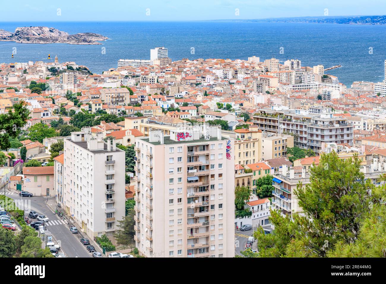 Cityscape over Marseille, shot from Basilica of Notre-Dame of la Garde ...