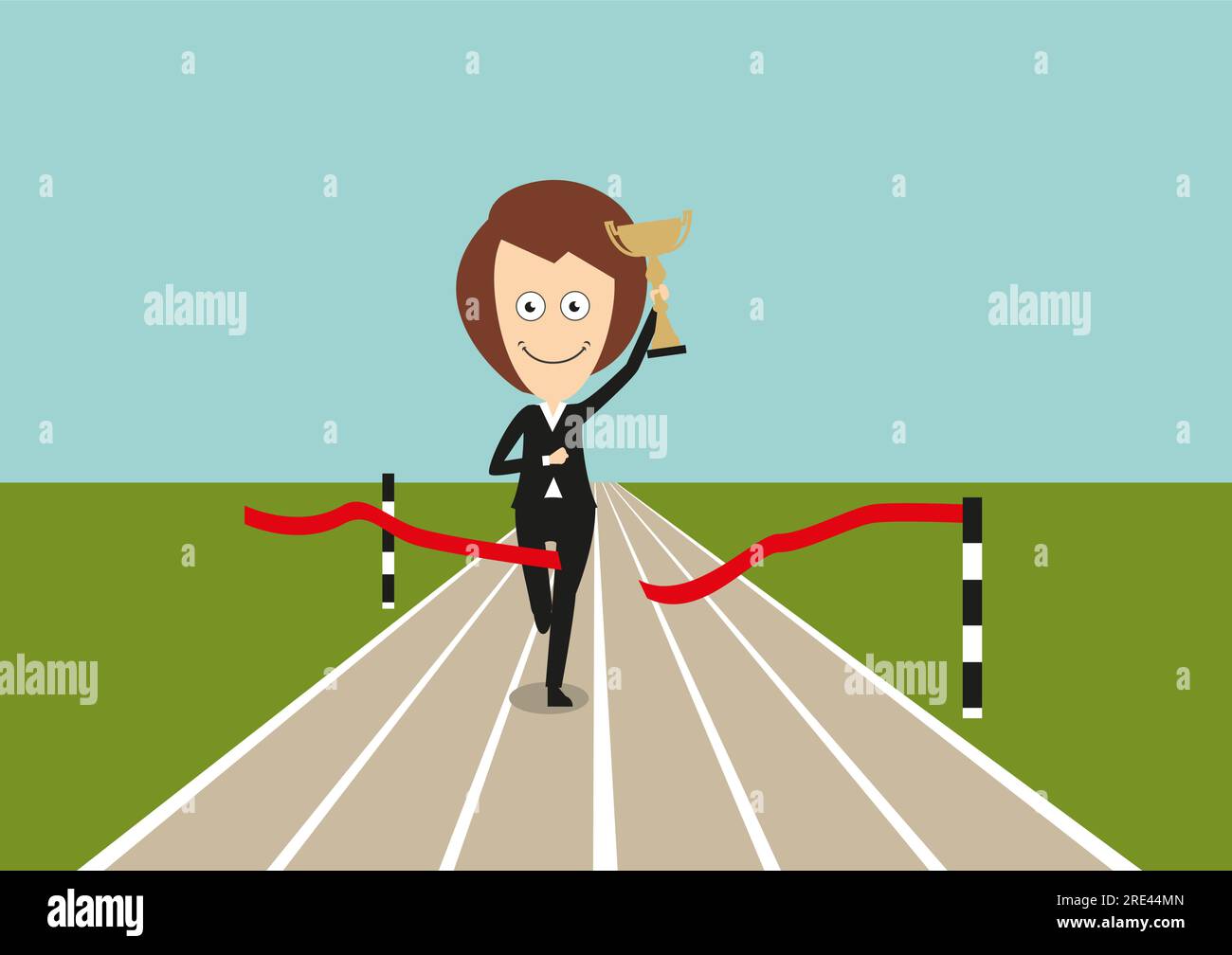Happy business woman crossed finish line first and running with golden ...