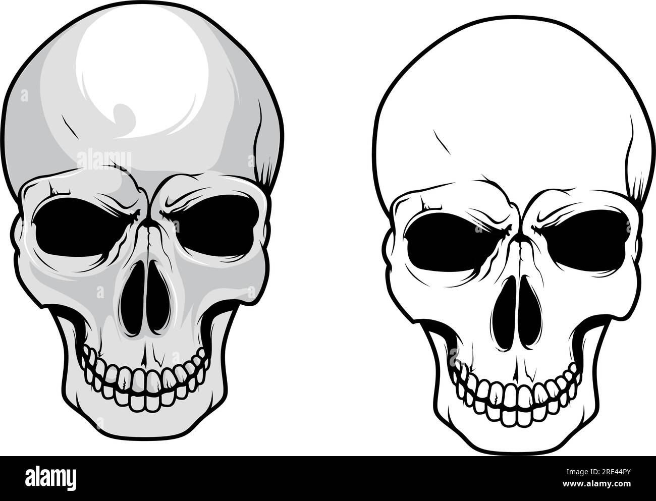 Wicked human skulls with dark eye sockets and cracked teeth in cartoon ...