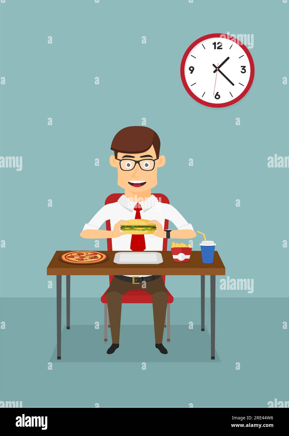 Businessman eating fast food dinner with hamburger, pizza, french fries ...