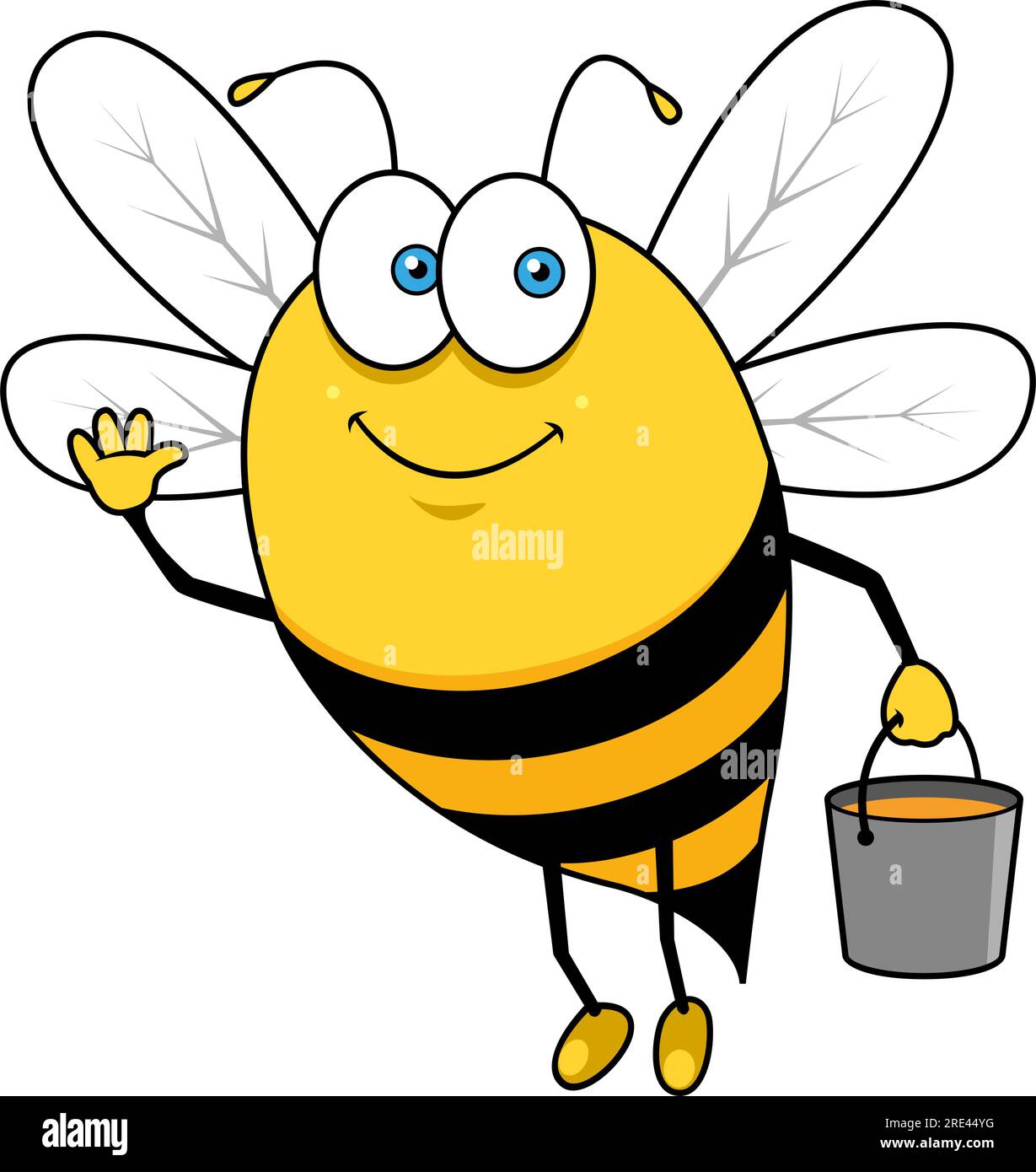 Cheerful cartoon bee character with honey bucket waving hand in ...