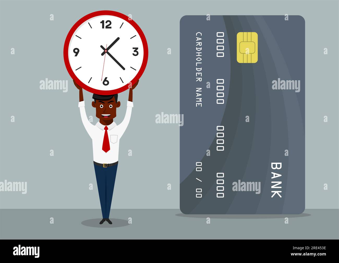 Banking manager with credit card holds clock above head, showing short ...