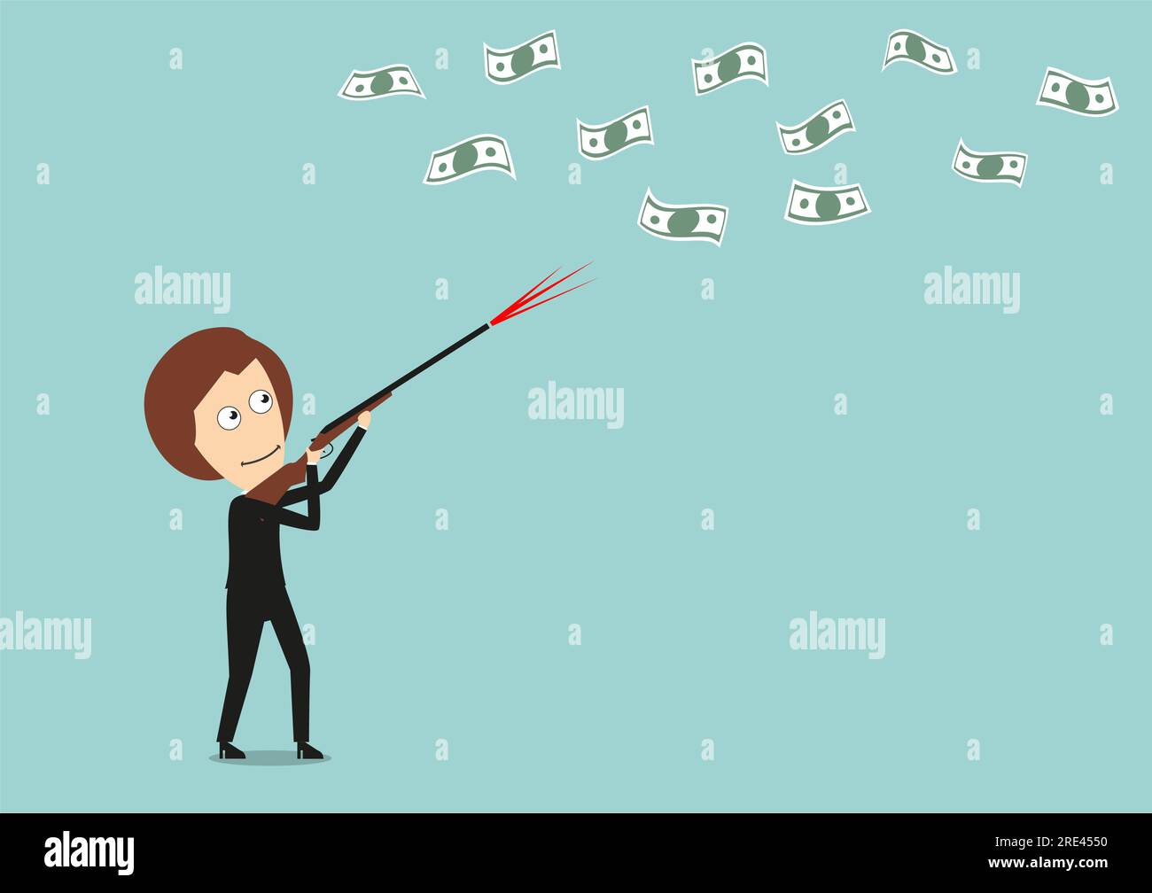 Business woman hunts for flying money with hunting rifle, for financial ...