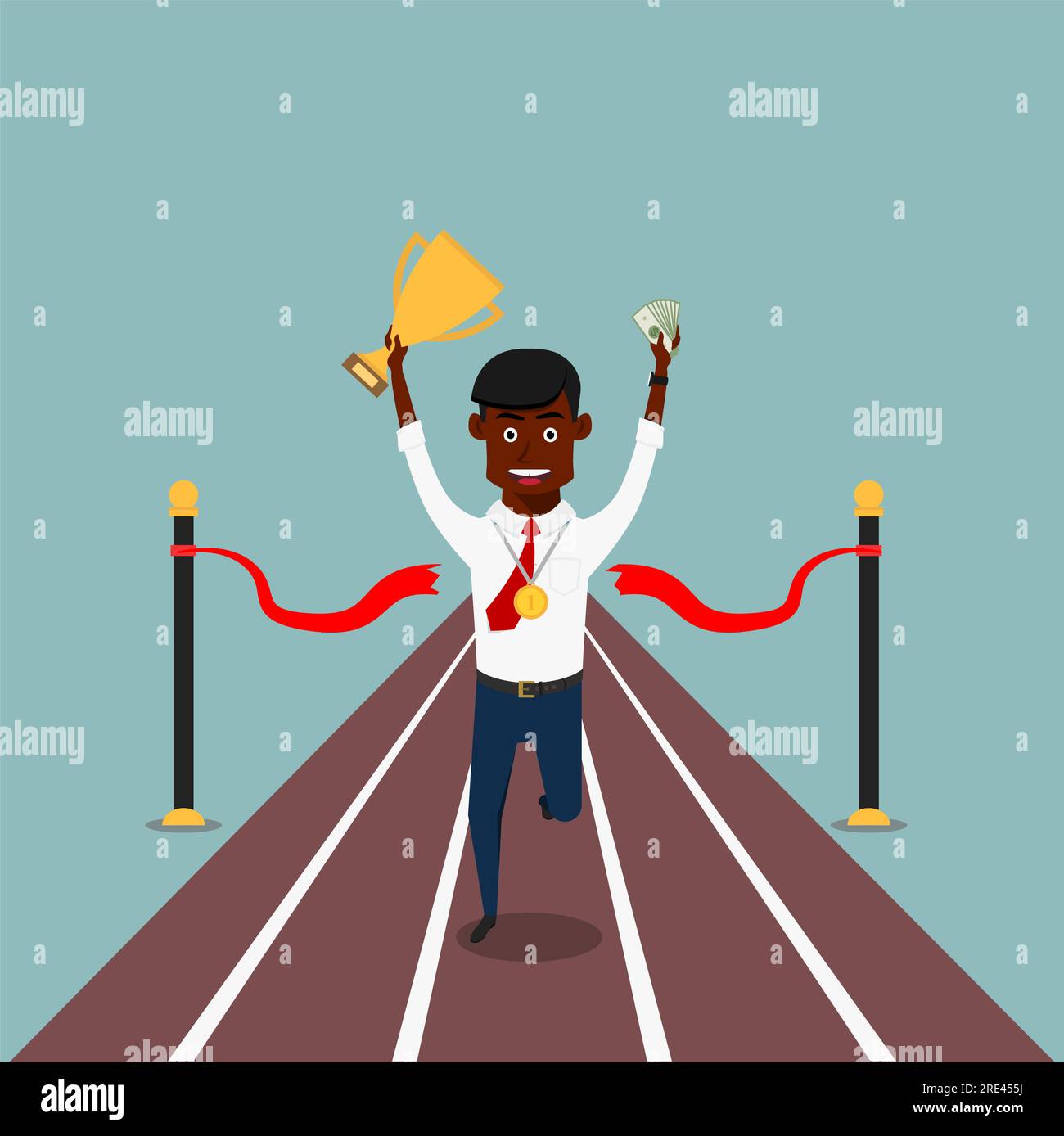 Happy businessman crosses finish line with trophy cup, gold medal and ...
