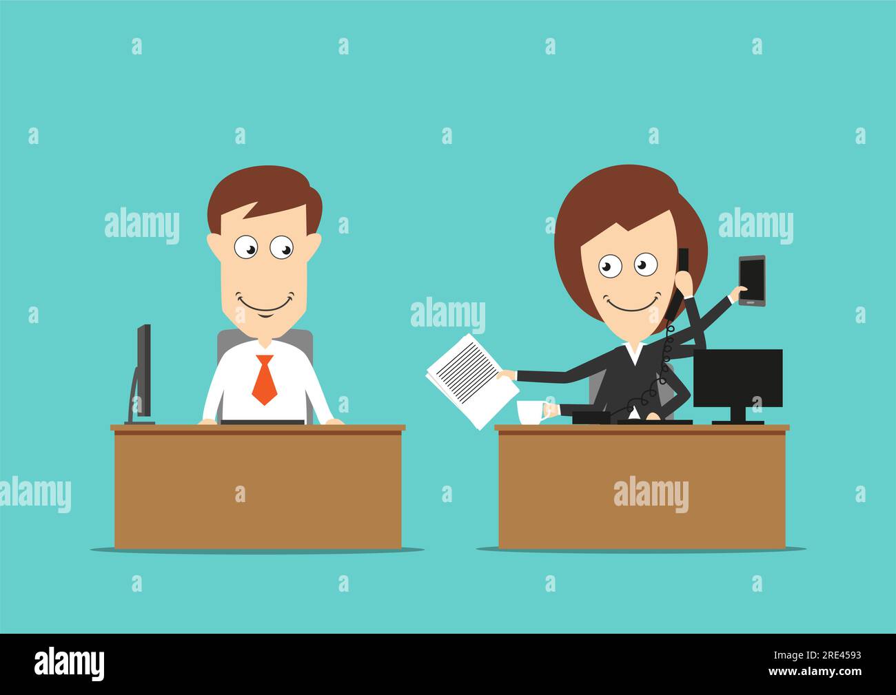 Lazy and busy office workers business concept. Dreamy smiling cartoon ...