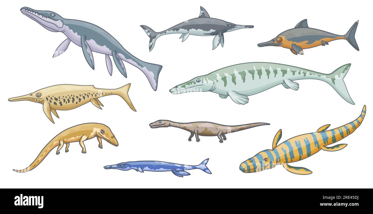 Dinosaur animal cartoon icons of jurassic sea monsters. Prehistoric ...