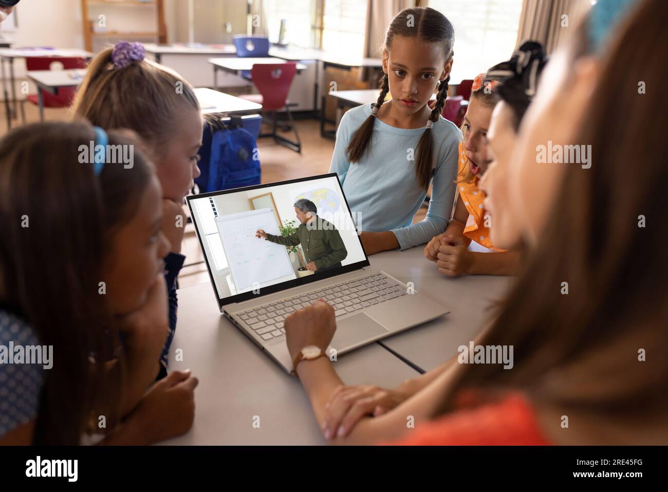 Asian female teacher and diverse students having a video call with male ...