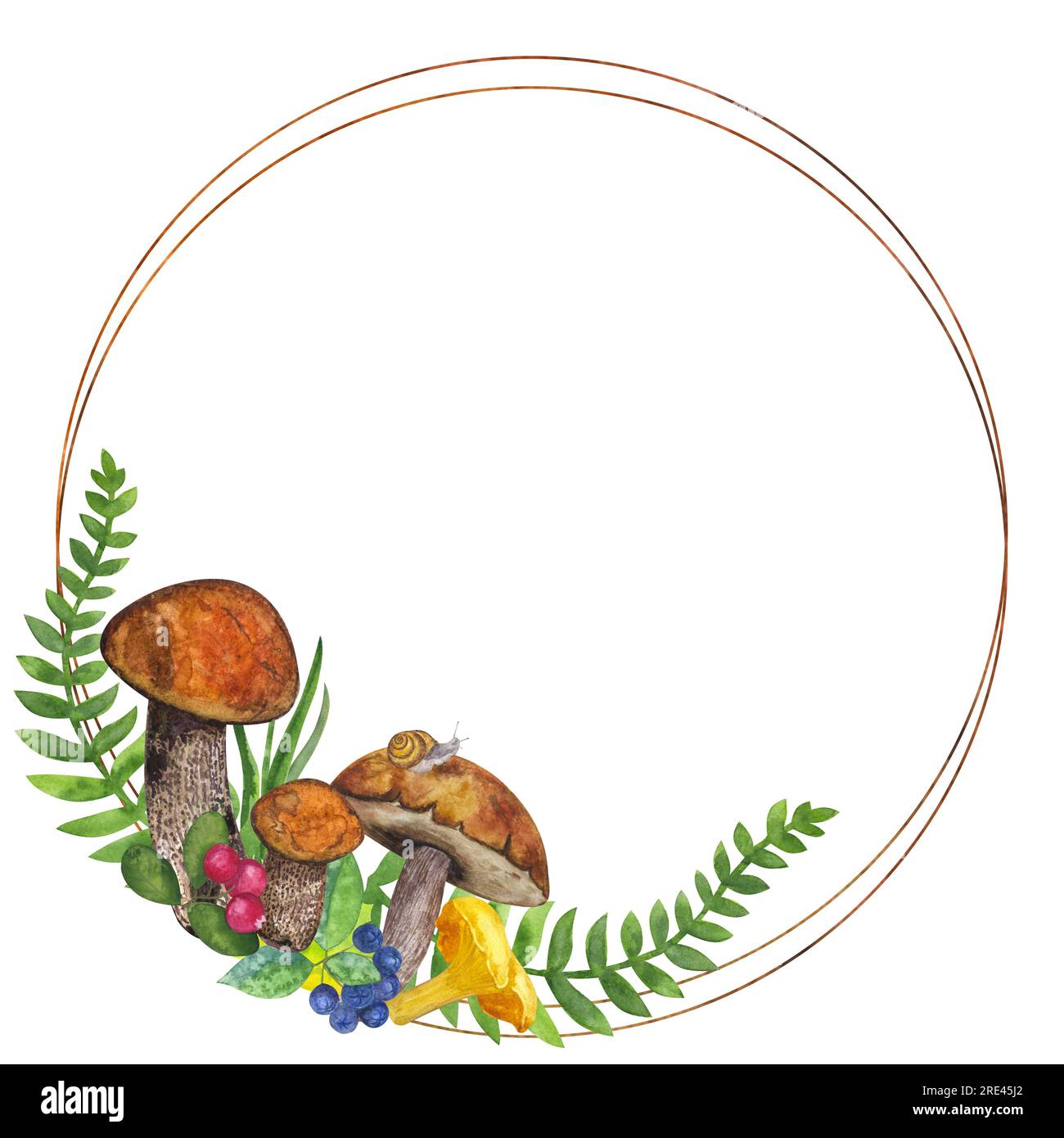 Round frame botanical wreath: edible mushrooms, leaves and berries ...