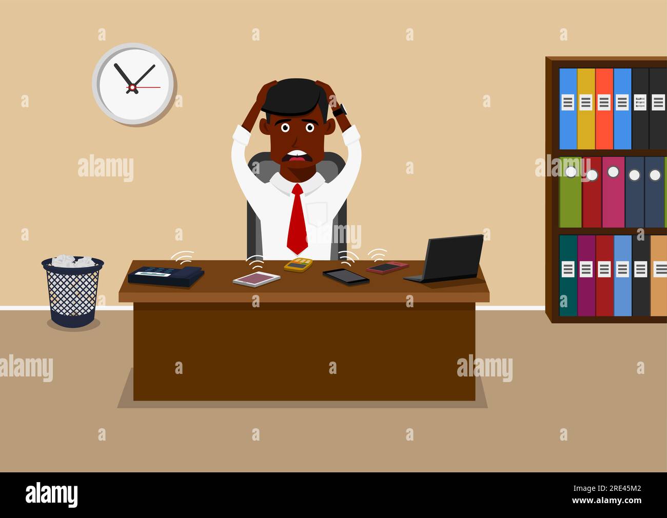 Busy businessman sitting at the table in the office and has a lot ...