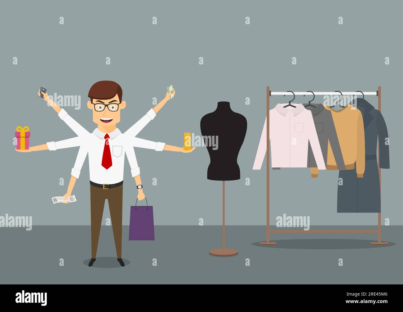 Businessman with many hands shopping in clothes store and holds bank ...