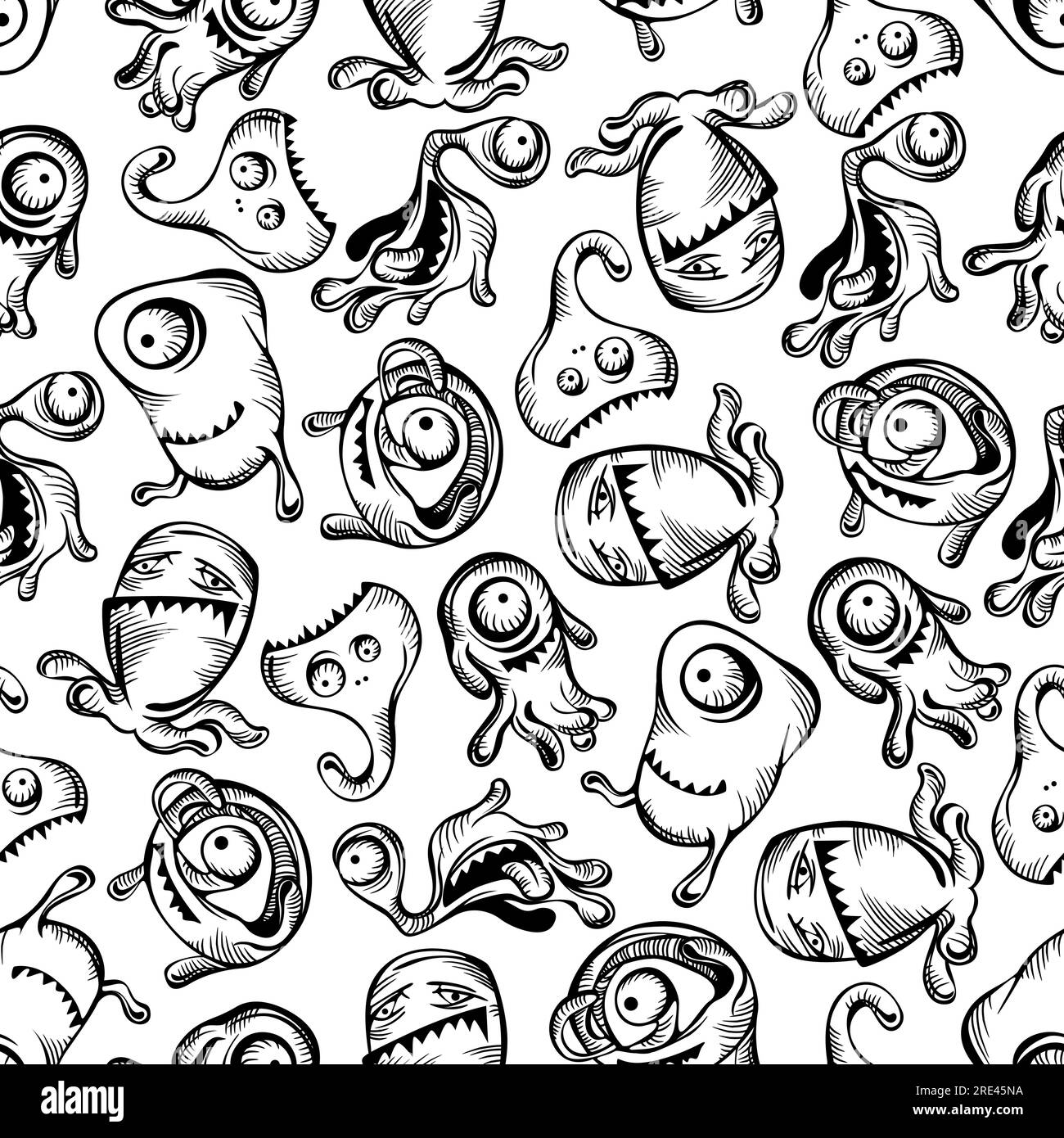 Funny sketched monsters seamless background with black and white ...