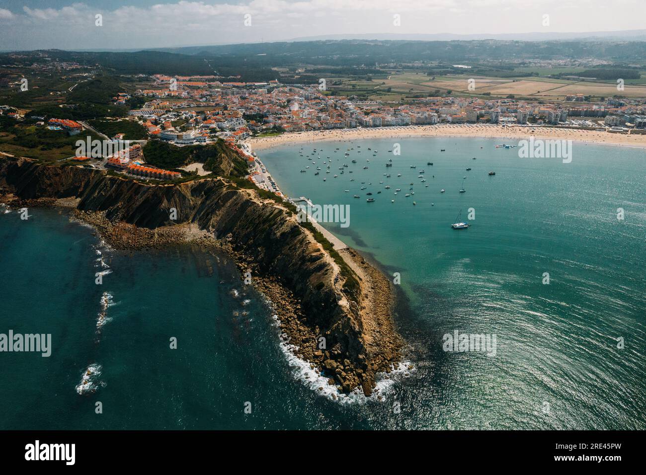 Aerial drone view of landmarks at Sao Martinho do Porto surrounding the ...