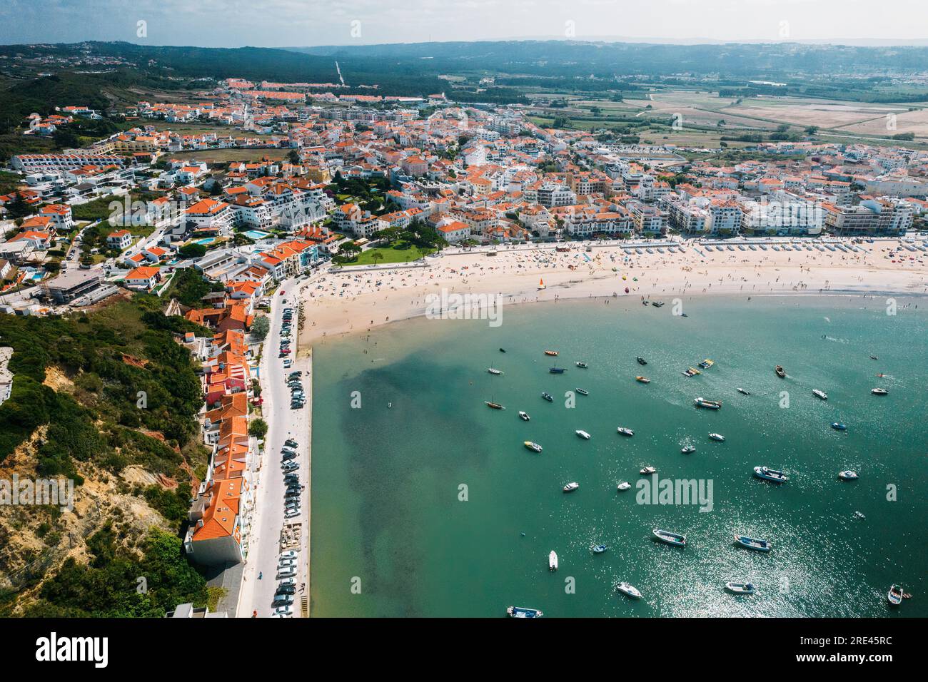 Aerial drone view of landmarks at Sao Martinho do Porto surrounding the ...