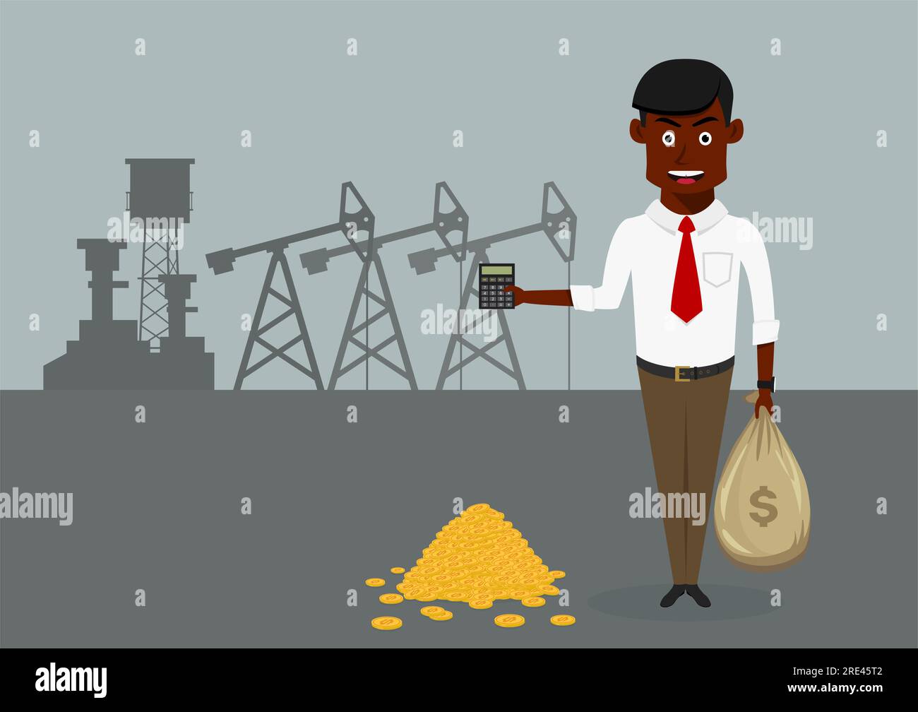 Successful businessman standing near pile of gold coins and holding ...