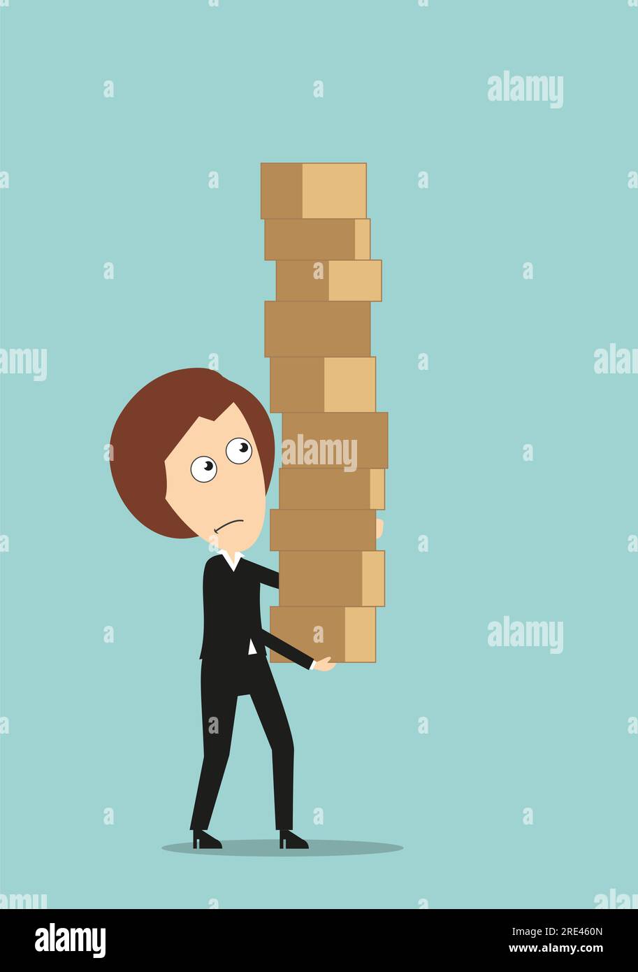 Business woman carrying a giant pile of boxes, trying to protect from ...
