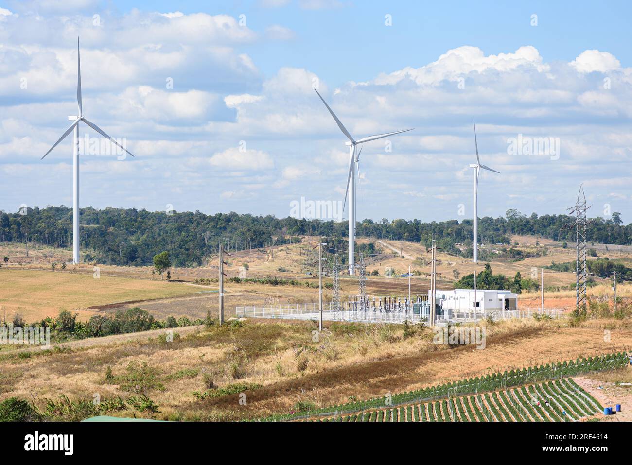 Wind turbine electrical power plant on a mountain, wind turbines farm ...