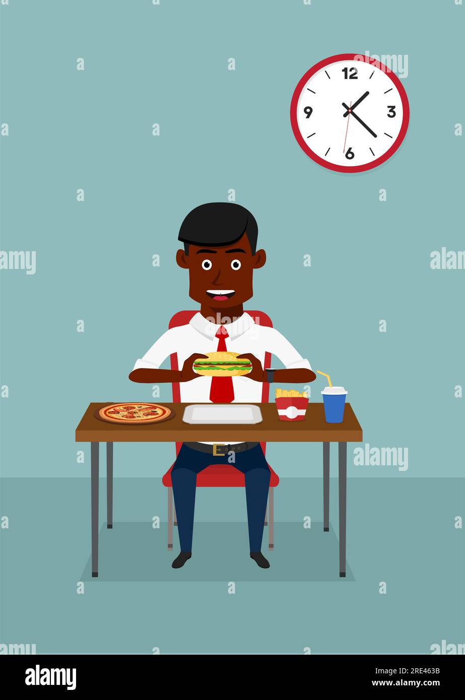 Businessman eating fast food dinner with hamburger, pizza, french fries ...