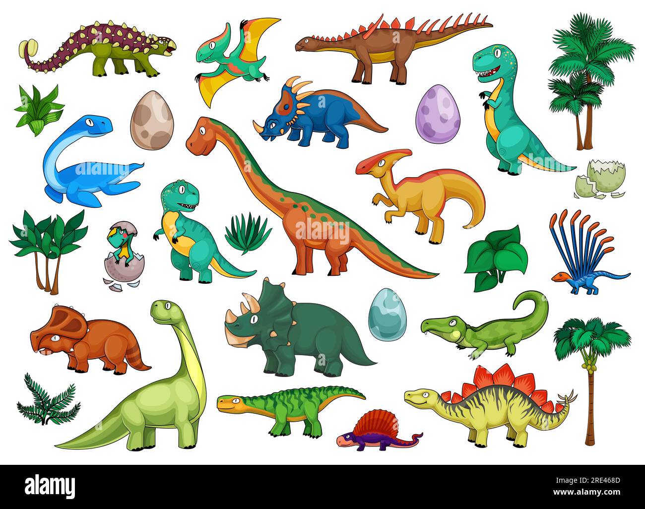 Dinosaurs cartoon set with cute dino animals, babies in eggs and palm ...