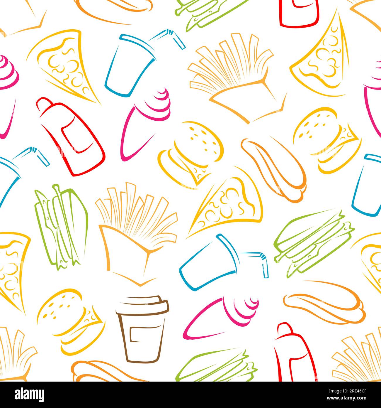 Colorful seamless fast food sketches pattern on white background with ...
