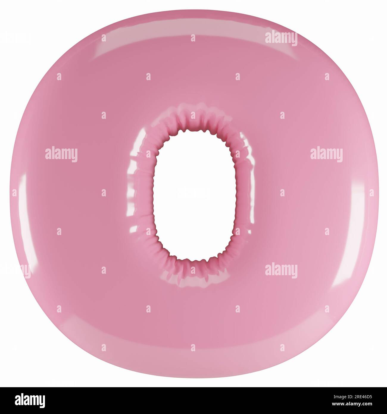 Inflated glossy pink letter O uppercase illustration. 3D render of latex bubble font with glint ...