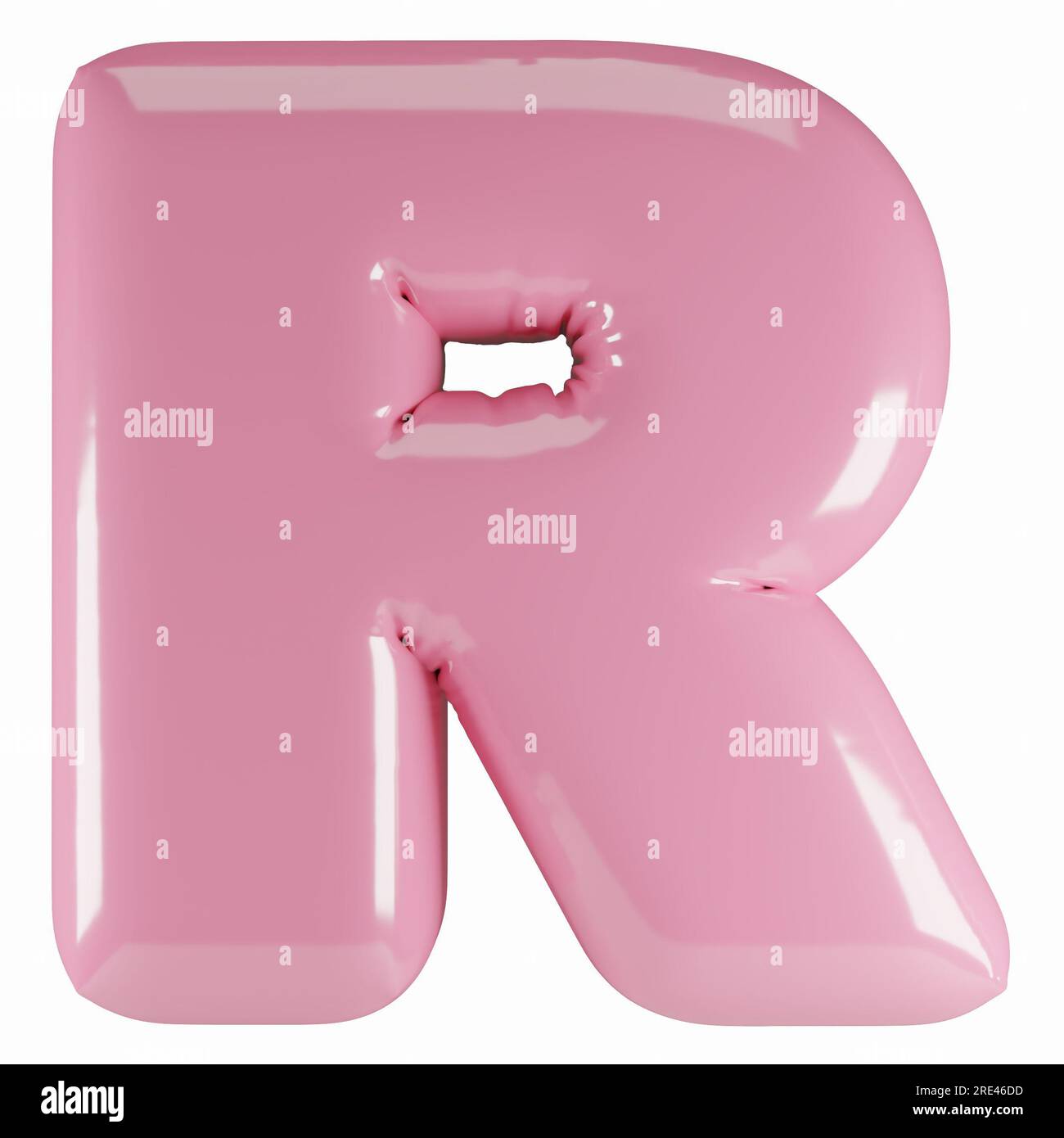 Inflated glossy pink letter R uppercase illustration. 3D render of latex bubble font with glint ...