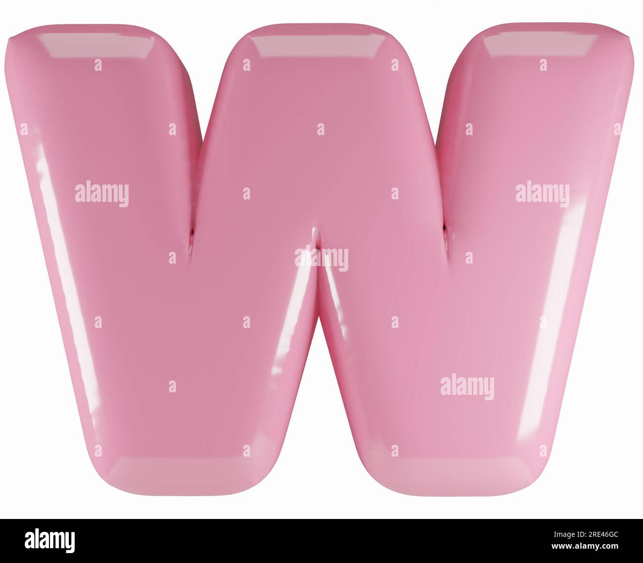 Inflated glossy pink letter W uppercase illustration. 3D render of latex bubble font with glint ...