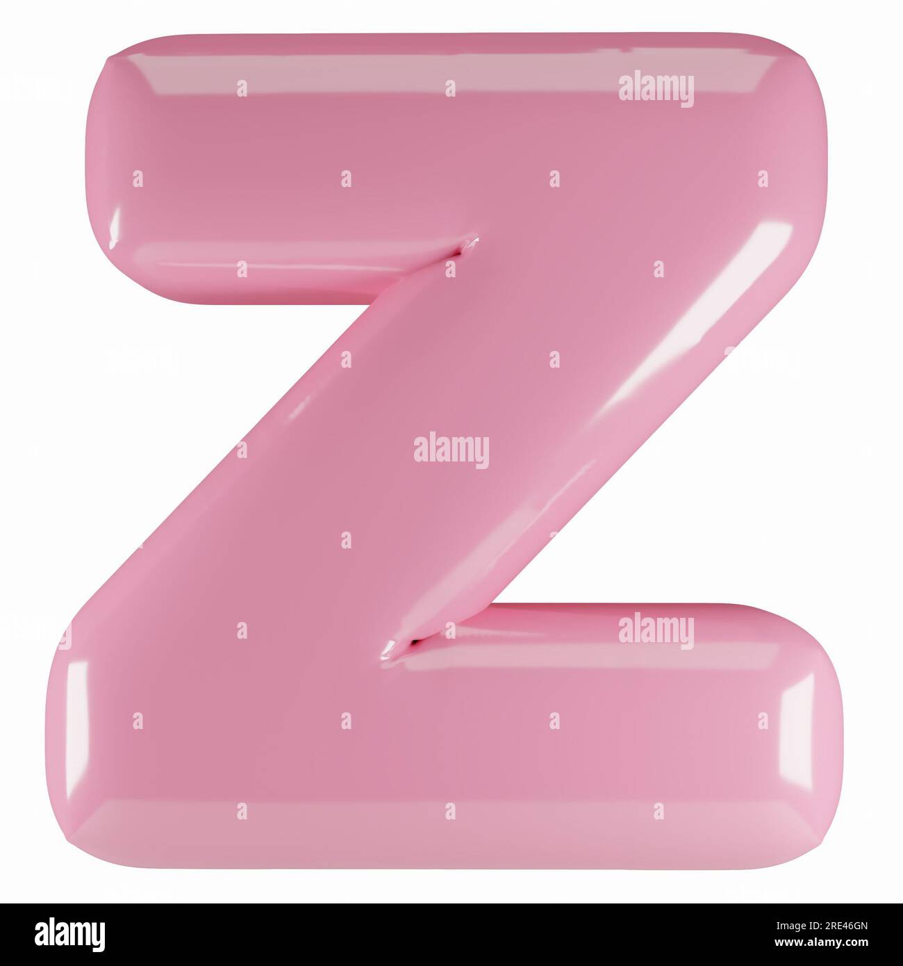 Inflated glossy pink letter Z uppercase illustration. 3D render of latex bubble font with glint ...