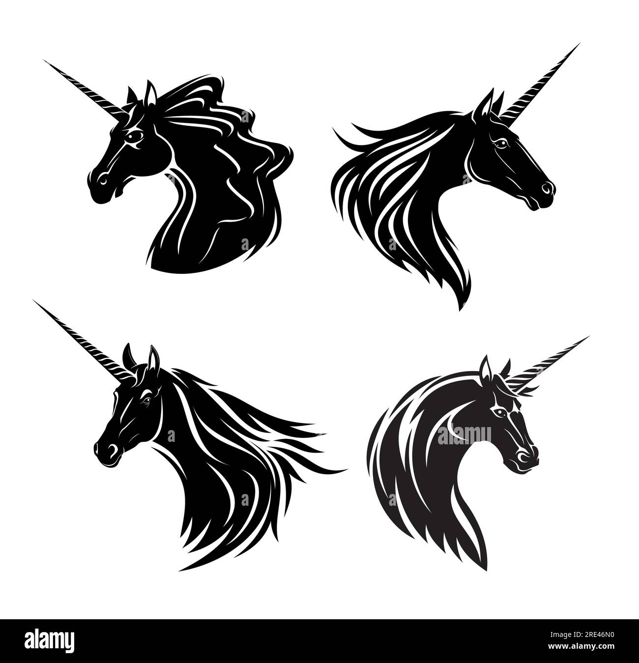Unicorn mare and stallion heads print. Monochrome vector fantasy animal ...