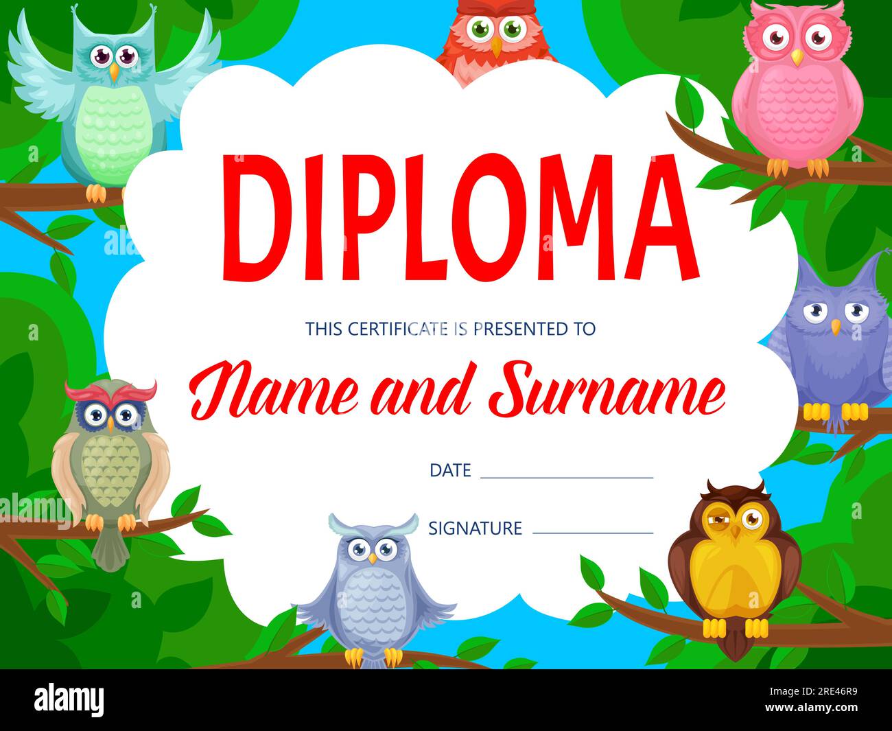 Education diploma with cartoon owls and funny owlets. Kids education ...