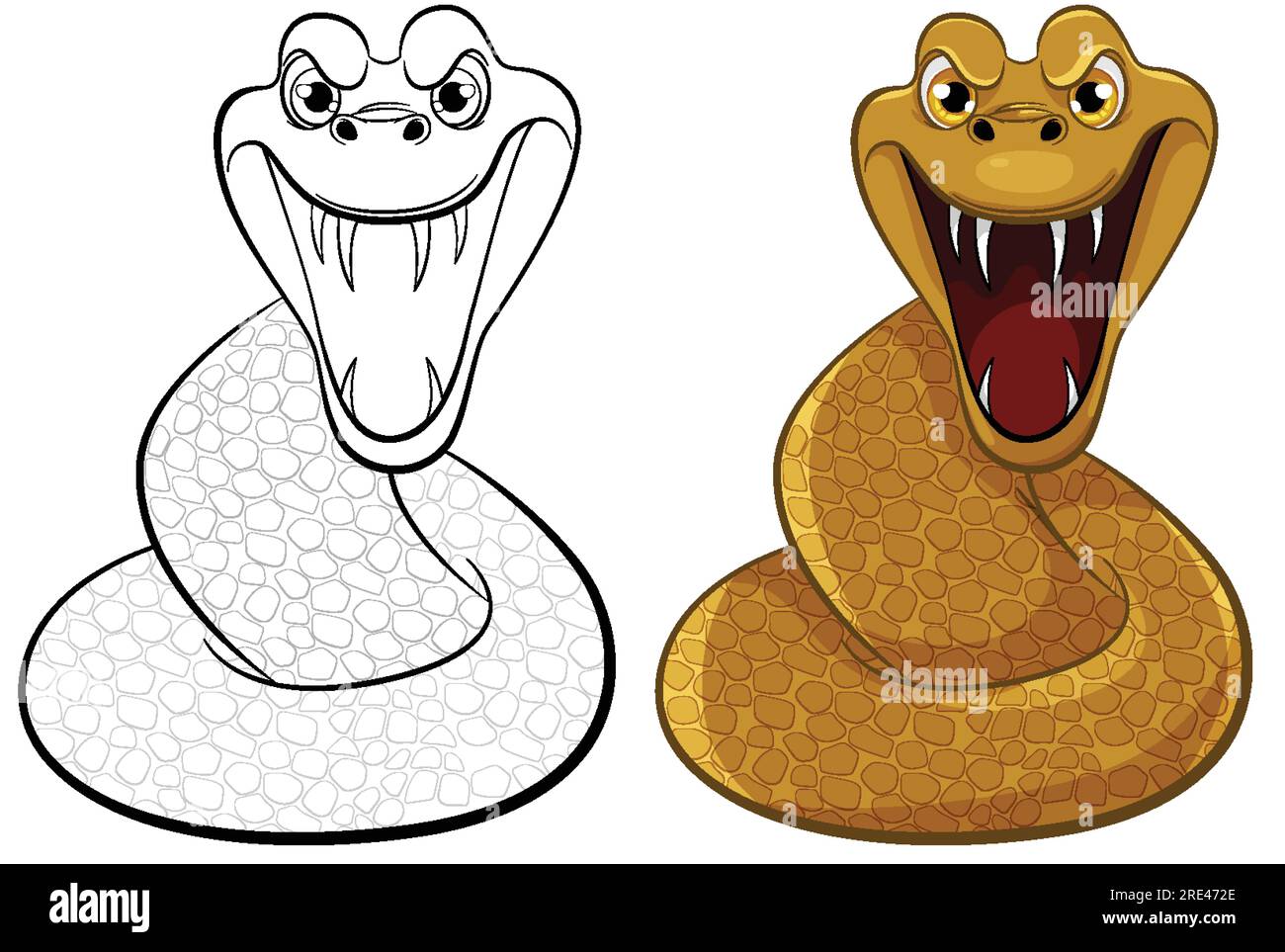 A yellow snake with scales, open mouth and sharp teeth is ready to bite ...