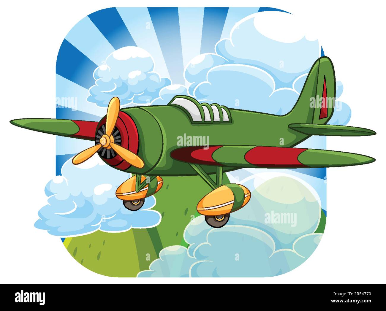 A vector cartoon illustration of a vintage military aircraft flying in ...