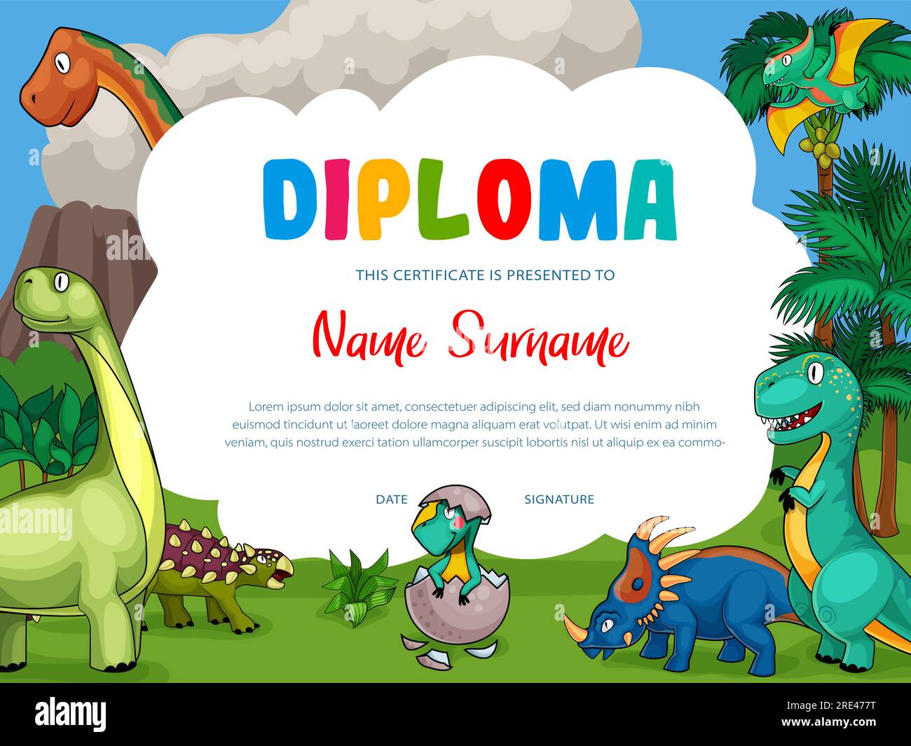 Kids diploma with cartoon dinosaurs, cute vector dragons, funny baby ...