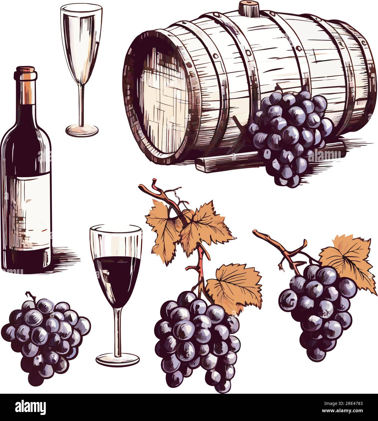 Vector hand drawn retro style grape and bottle of wine icon eps10 ...