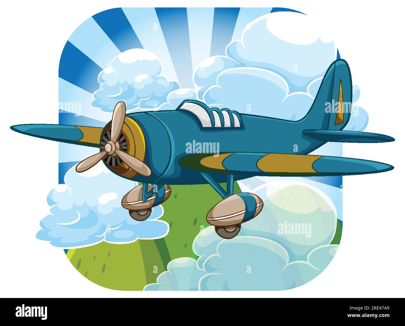 A vector cartoon illustration of a vintage military aircraft flying in ...