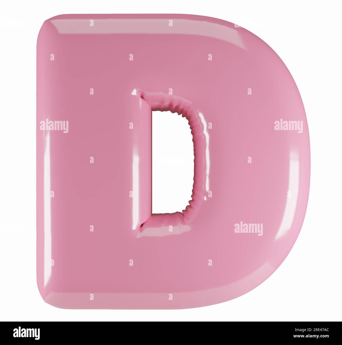 Inflated glossy pink letter D uppercase illustration. 3D render of latex bubble font with glint ...