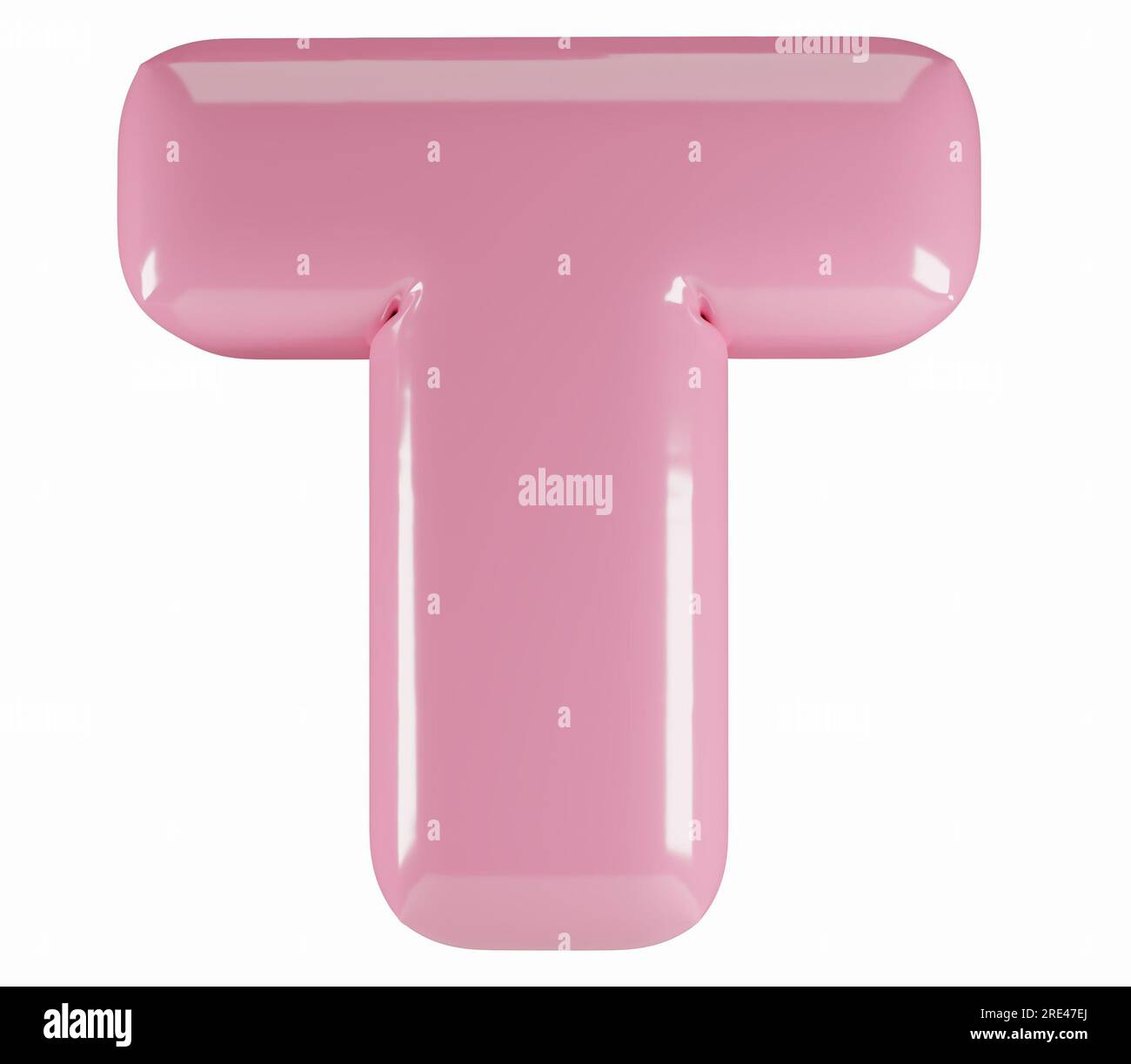 Inflated glossy pink letter T uppercase illustration. 3D render of latex bubble font with glint ...