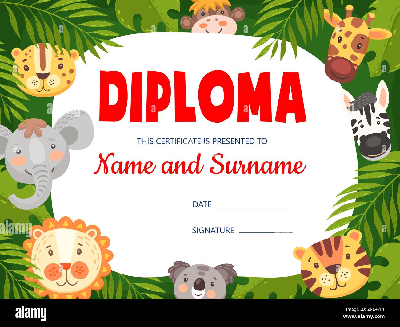 Kids diploma with cute cartoon animals. Vector certificate with funny ...