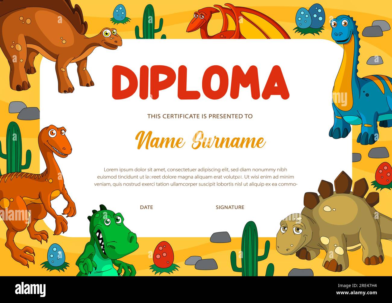 Education diploma certificate vector template with dinosaur animals ...