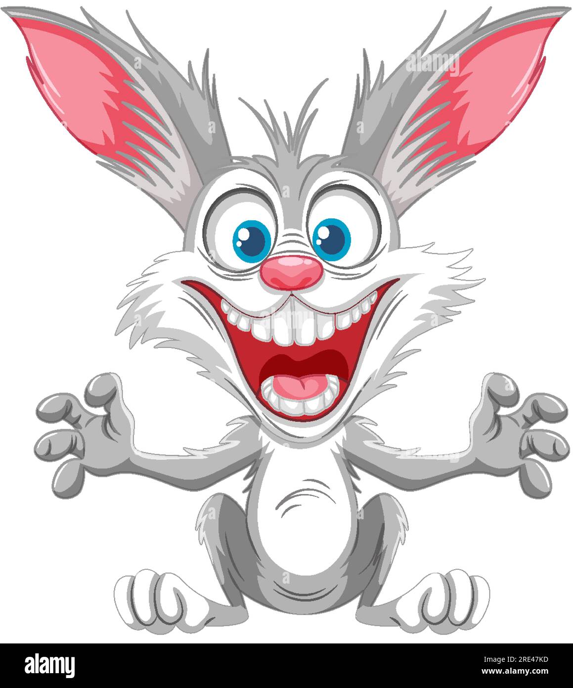 A grey cartoon rabbit with a scary smile jumping in a fit of panic ...