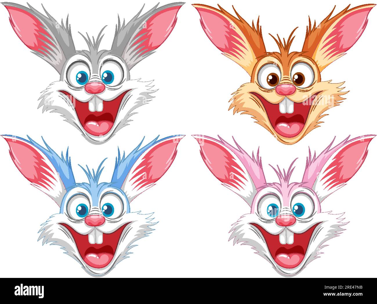 Four cartoon rabbits with wide smiles isolated on a white background ...