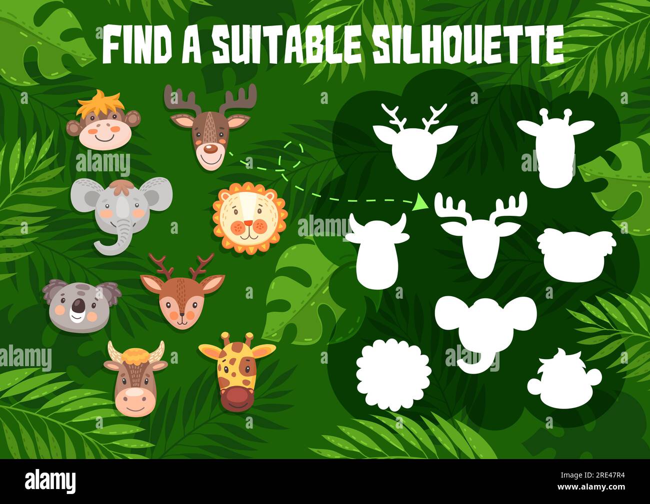 Kids game find a suitable silhouette with cute animals. Shadow match ...