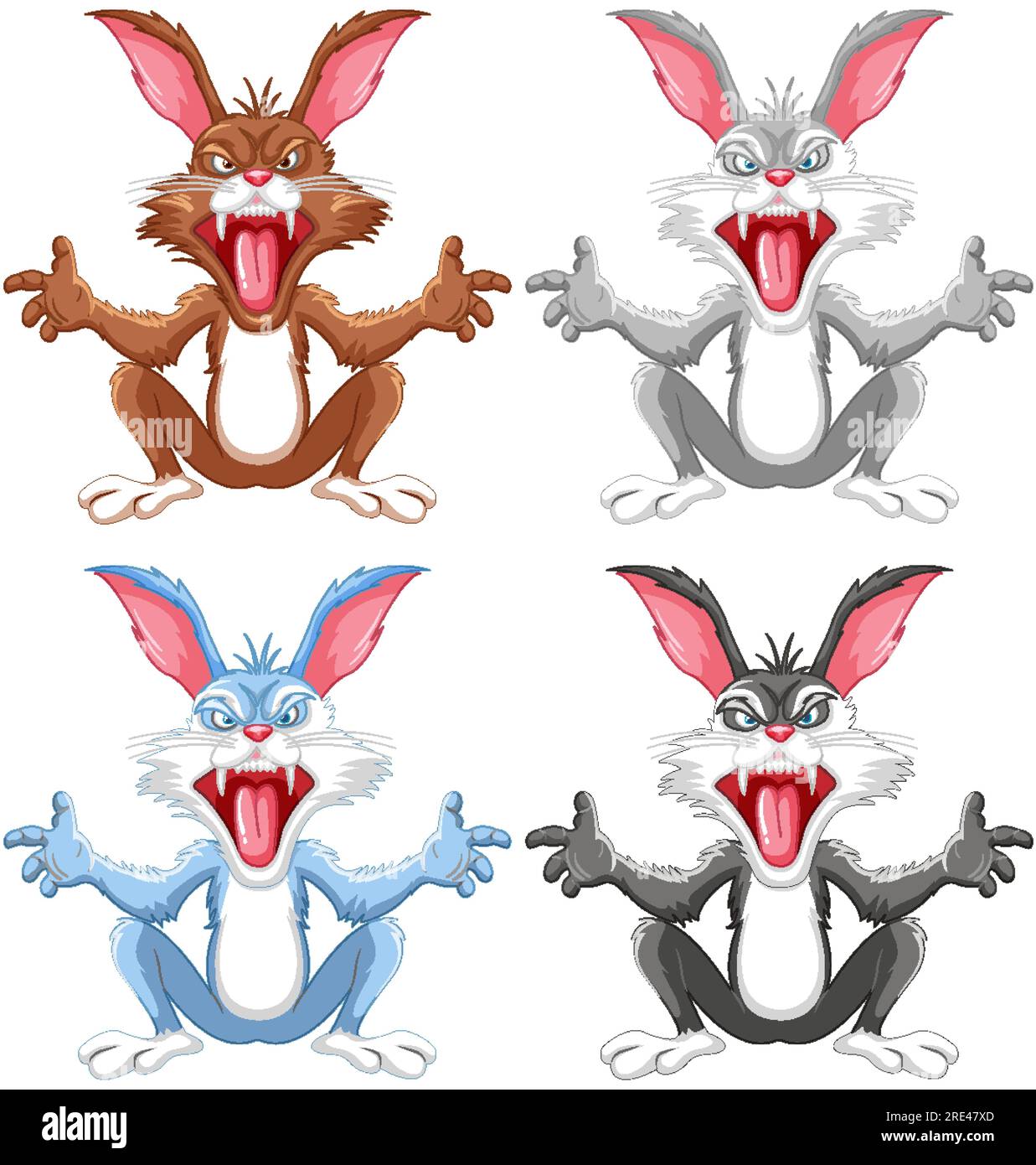 Four cartoon rabbits with sharp teeth are sitting together, isolated on ...