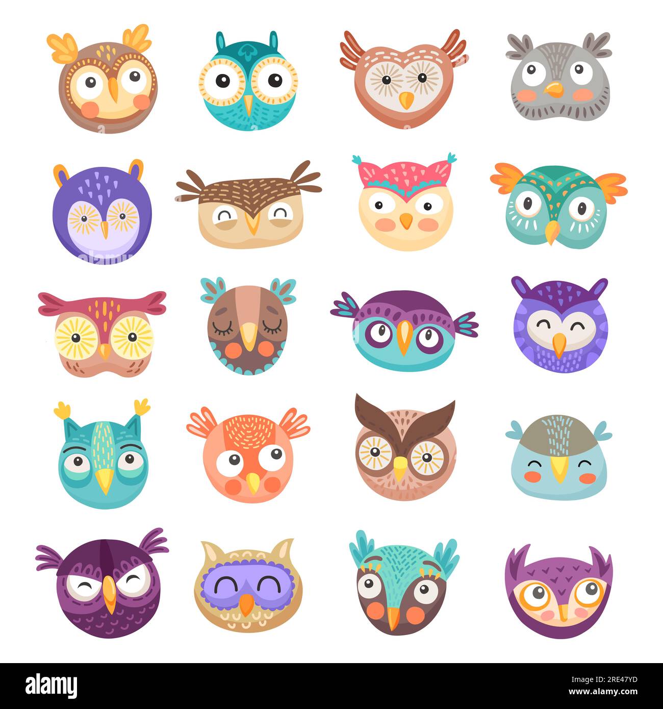 Owl and owlet faces cartoon vector of cute birds of prey with colorful ...