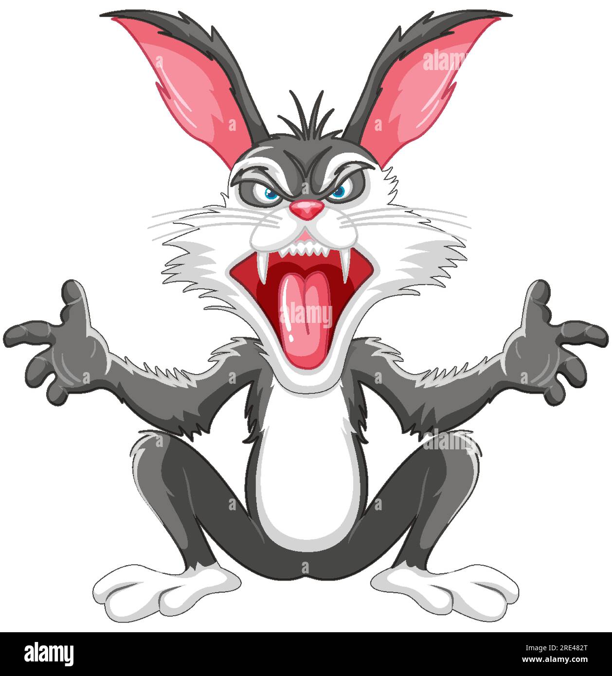 A black vector cartoon illustration of a crazy rabbit sitting with ...